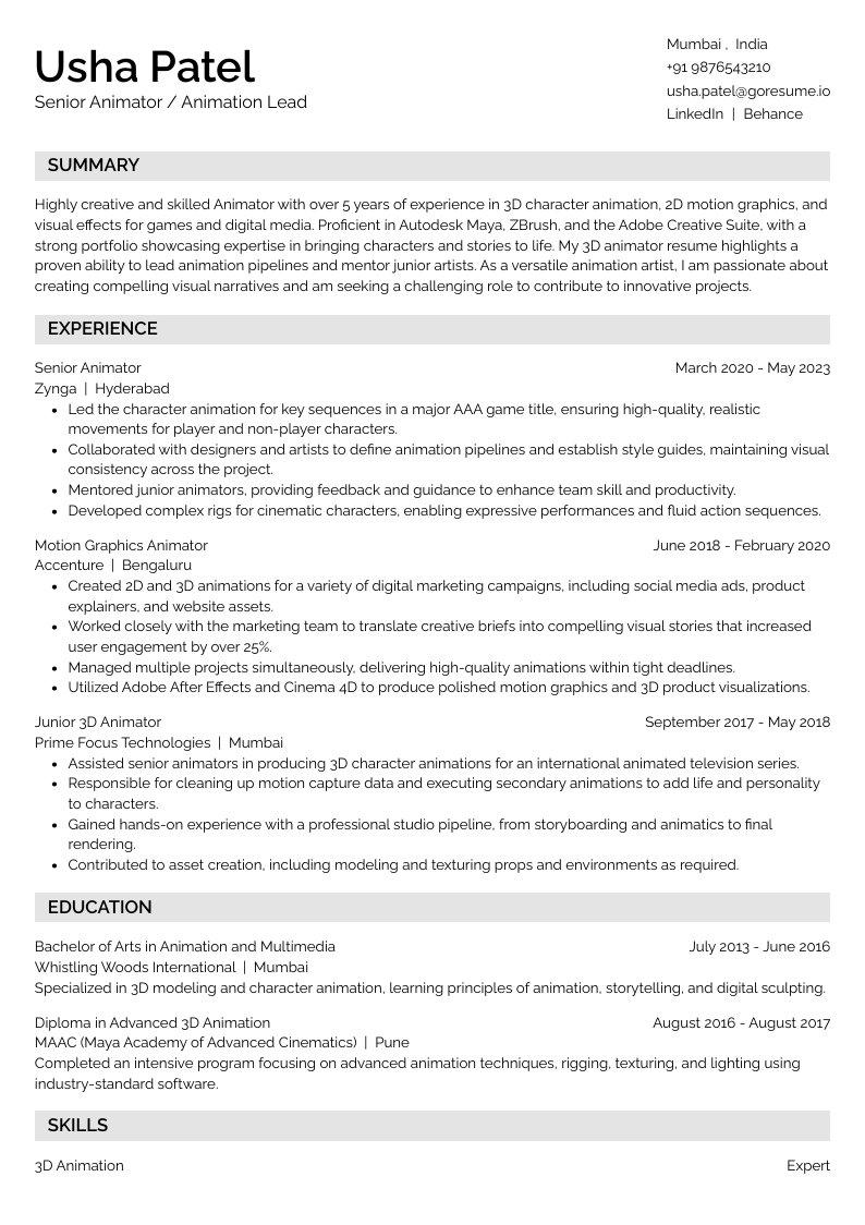 Animator Resume Builder | Free ATS Resume Maker