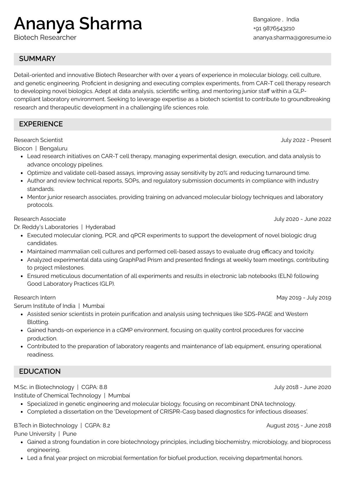 Biotech Researcher Resume Builder | Free ATS Resume Maker