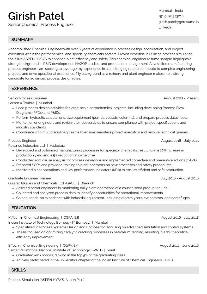 Chemical Engineer Resume Builder | Free ATS Resume Maker