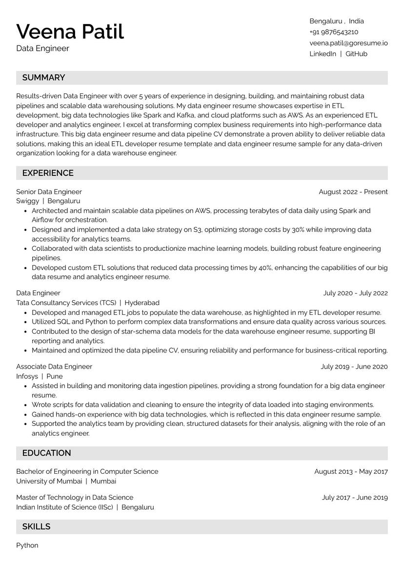 Data Engineer Resume Builder | Free ATS Resume Maker