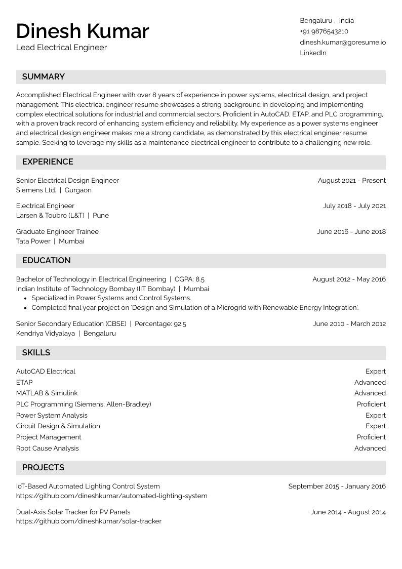 Electrical Engineer Resume Builder | Free ATS Resume Maker