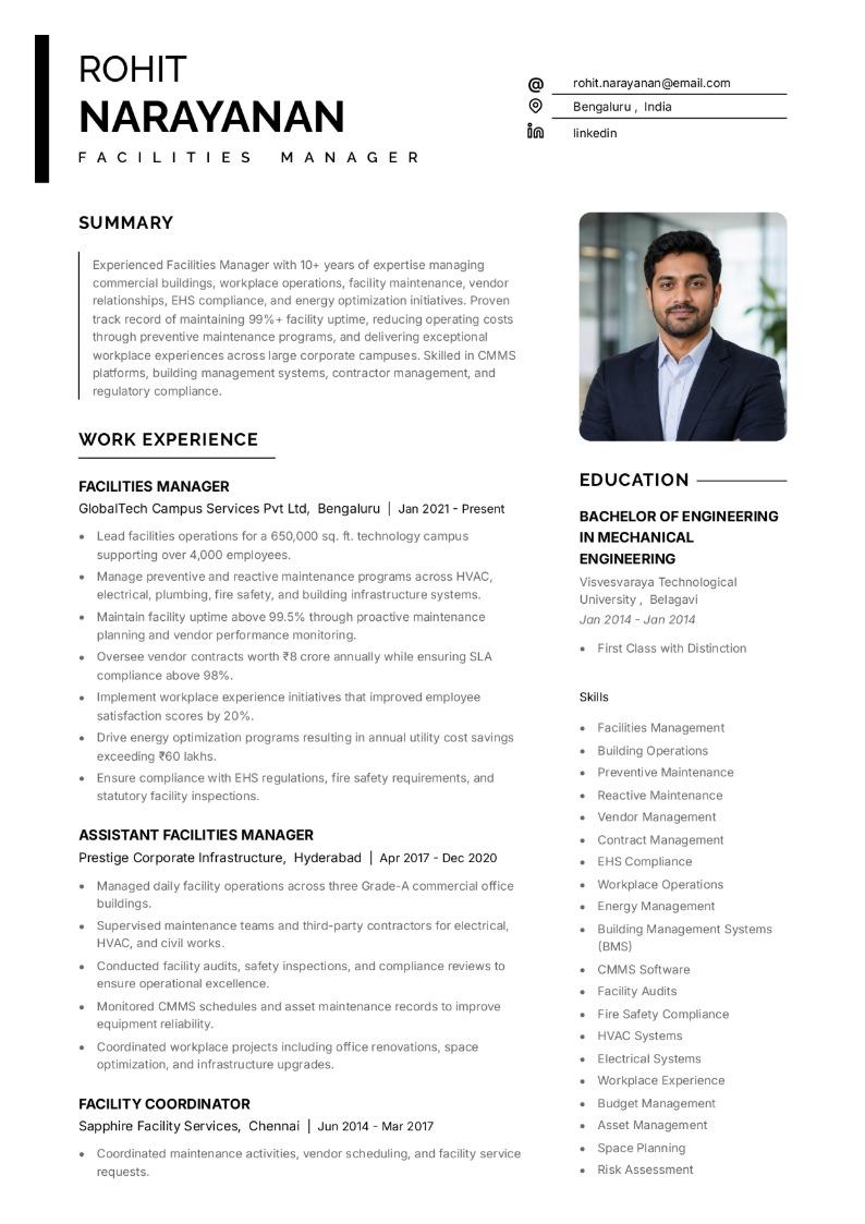 Facilities Manager Resume Builder | Free ATS Resume Maker