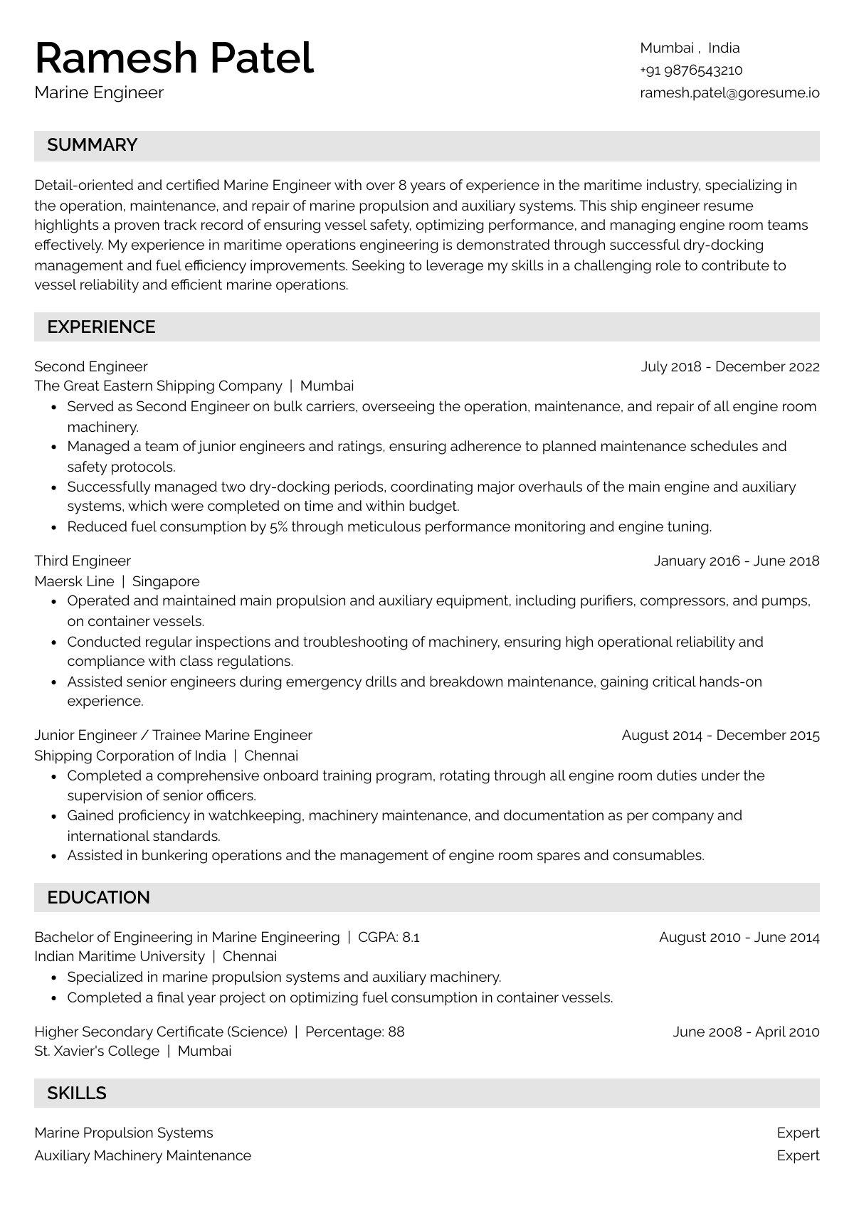 Marine Engineer Resume Builder | Free ATS Resume Maker