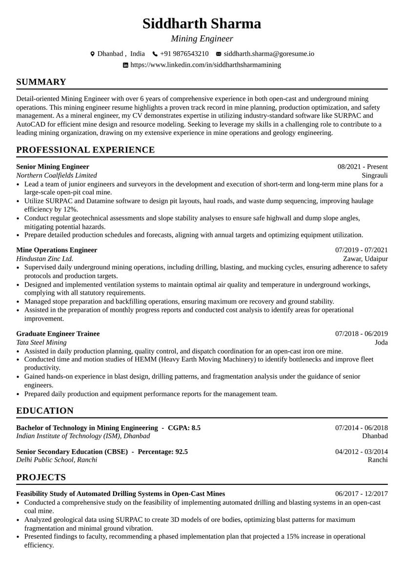 Mining Engineer Resume Builder | Free ATS Resume Maker