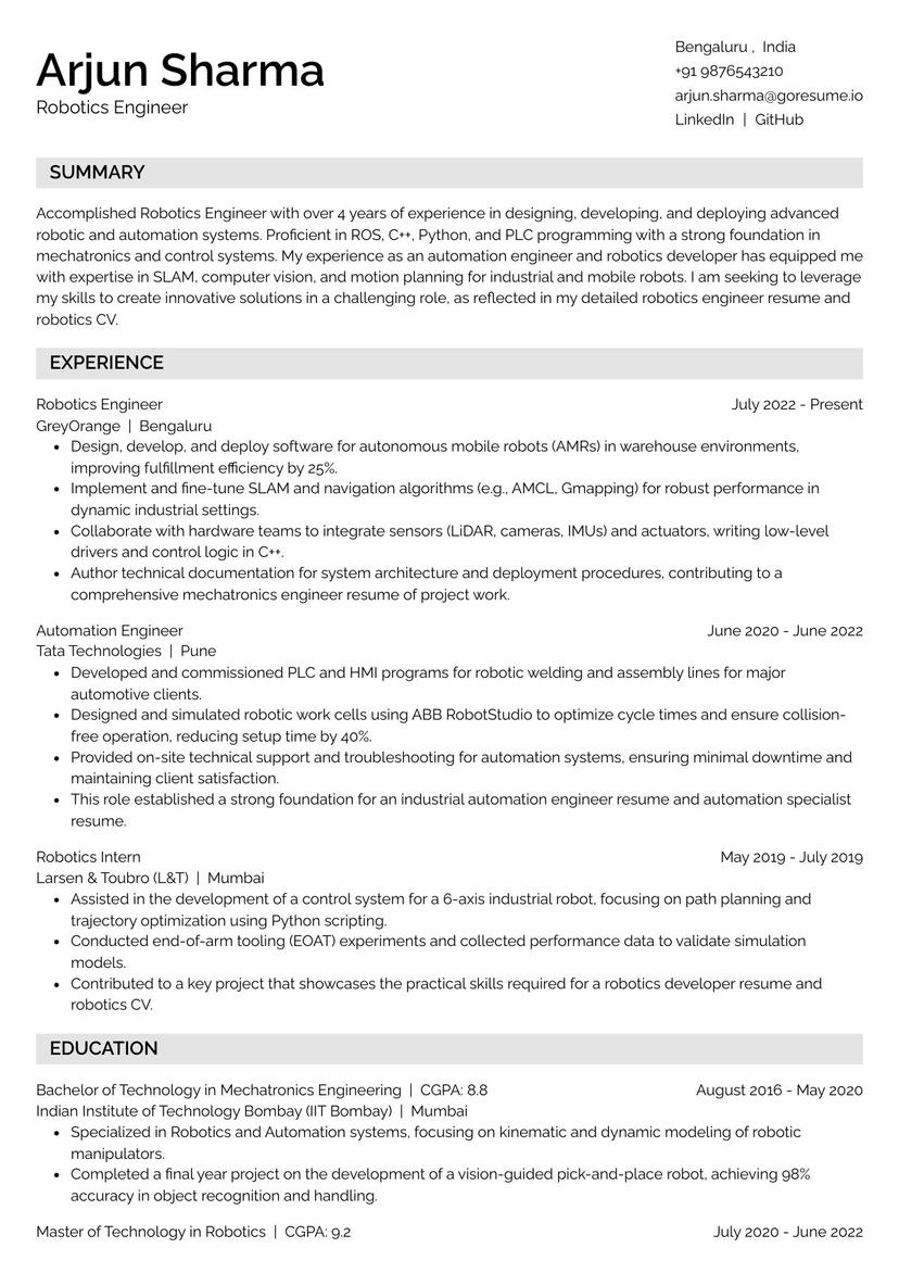 Robotics Engineer Resume Builder | Free ATS Resume Maker