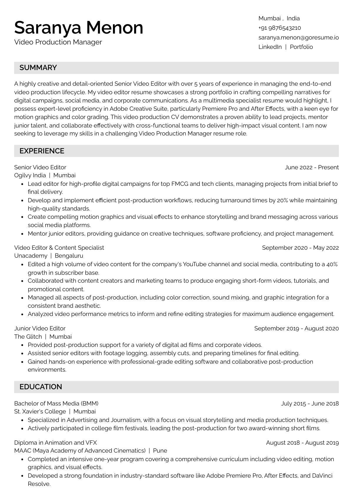 Video Editor Resume Builder | Free ATS Resume Maker